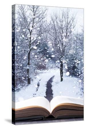'Open Book with Winter Woodland Background and falling Snow ...