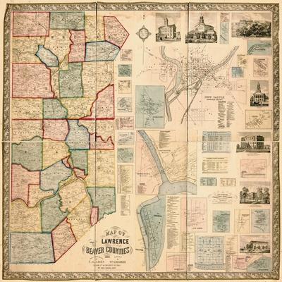 '1860, Lawrence and Beaver Counties Wall Map 1860, Massachusetts ...