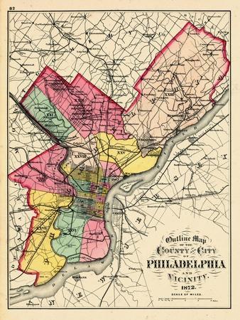 '1872, Philadelphia County and City Outline Map, Pennsylvania, United ...