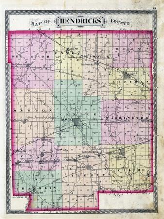 '1878, Hendricks County Outline Map, Indiana, United States' Giclee ...