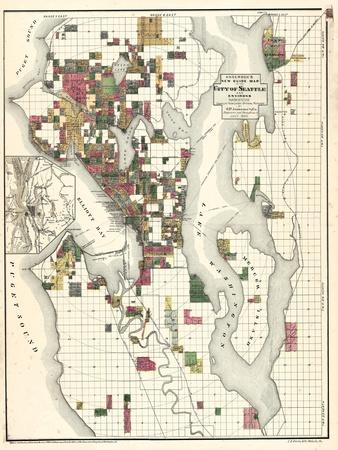 '1890, Seattle City and Environs Map, Washington, United States' Giclee ...