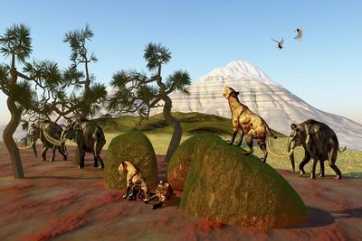 'A Family of Saber Toothed Tigers Watch a Herd of Woolly Mammoths' Art ...