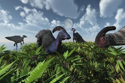 'A Herd of Herbivorous Parasaurolophus Dinosaurs Grazing' Art Print ...