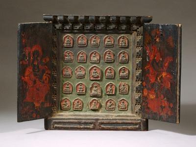 'A Tibetan Wooden Altar with Both Doors Painted, Shri Devi on Her Mule ...
