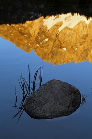 'Boulder and grass stems in Alpine tarn, Tuolumne Meadows sunrise ...