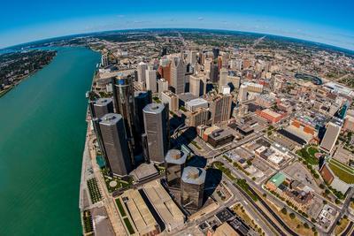 'Aerial view of Detroit skyline, Wayne County, Michigan, USA ...