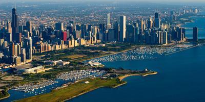 'Aerial view of Museum Campus and skyline, Chicago, Cook County ...