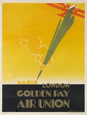 'Air Union 1920s Travel Poster Paris London Golden Ray' Giclee Print ...