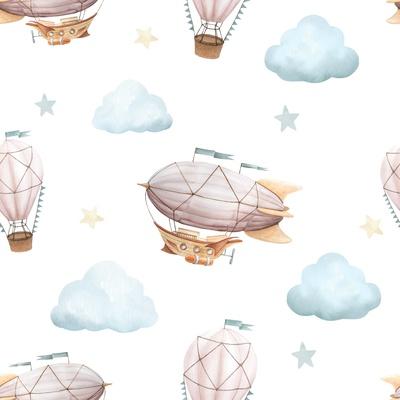 'Watercolor Seamless Pattern with Illustration of Flying Vehicles and ...