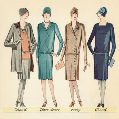 Four Flappers Modelling French Designer Outfits, 1928 (Screen Print ...