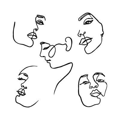 One Line Drawing of Set Woman's Face. Continuous Line Portrait of a Girl in a Minimalist Style ...