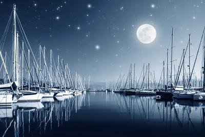 Beautiful Landscape of Yacht Harbor at Night, Full Moon, Marina in ...
