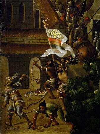 'Aztecs Fighting Spaniards with Slings and Arrows, Detail of Folding ...