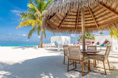 Beach bar locate on the sand ready to service chill liquor alcohol ...