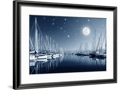 Beautiful Landscape of Yacht Harbor at Night, Full Moon, Marina in ...