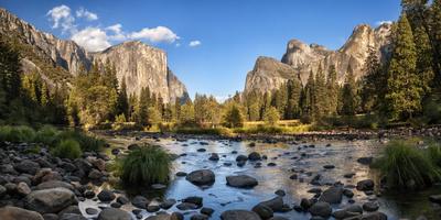 'California, Panoramic View of Merced River, El Capitan, and Cathedral ...