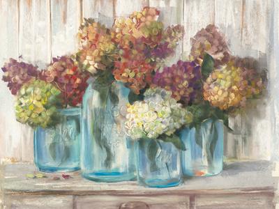 'Hydrangeas in Glass Jars White Wood' Art Print - Carol Rowan | Art.com