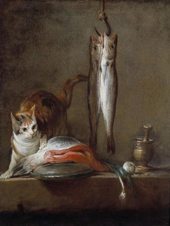 Cat with a Slice of Salmon, Two Mackerels, Mortar and Pestle by Jean ...