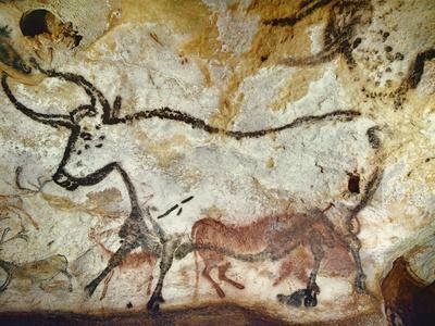 'Cave of Lascaux, Great Hall, Left Wall: Second Bull, Below: Kneeling ...