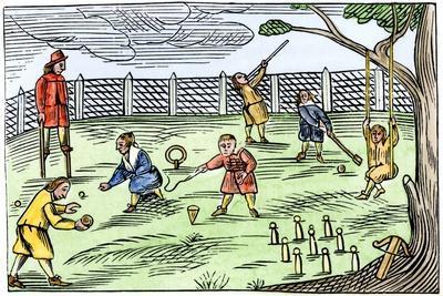 Children's Games: Boys Playing Bowling, Swinging, Spinning, Shackles ...