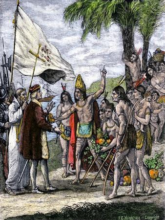 Christopher Columbus (1451-1506) Received by the Indians. Engraving ...