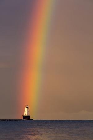'Full Arcing Rainbow over Lake Michigan and Ludington Lighthouse in ...