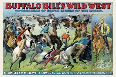 'Circus poster showing cowboys rounding up cattle and portrait of Col ...