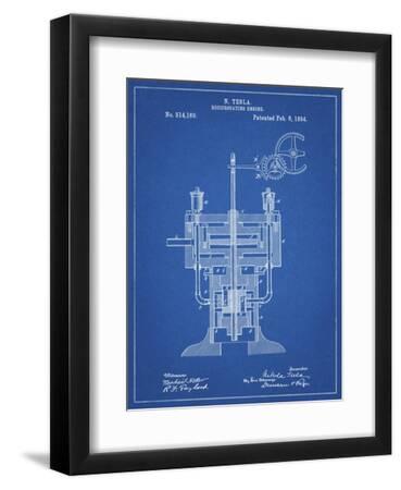 'PP1094-Blueprint Tesla Reciprocating Engine Poster' Framed Giclee ...