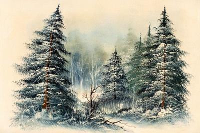 'Vintage Oil Painting of Evergreens in a Snowy Field' Photographic ...