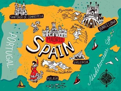 Illustrated Map of Spain Art Print - Daria_I | Art.com