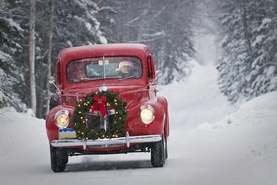 'Man Driving A Vintage 1941 Ford Pickup With A Christmas Wreath On The ...