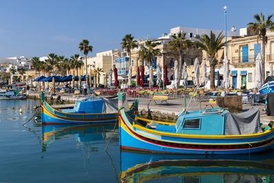 Malta, Marsaxlokk. Marsaxlokk harbor. Luzzijiet, colorful traditional ...