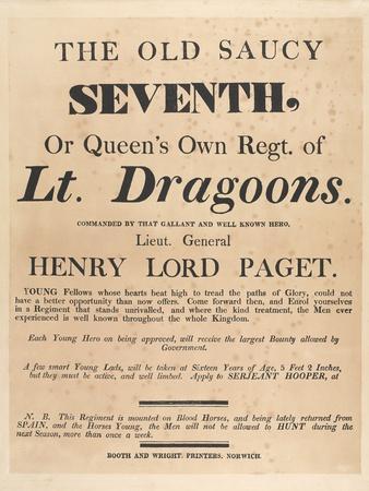 'Recruiting Poster for the 7Th (Or the Queen?S Own) Regiment of (Light ...