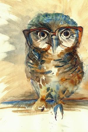 'Wise Owl with Big Eyes in Hipster Glasses Animal Watercolor Painting ...