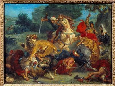 Lion Hunt. Painting by Eugene Delacroix (1798-1863), 1855. Oil on ...