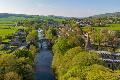 'Aerial view of river Derwent and Baslow village, Peak District ...