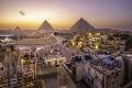 'View of Giza Pyramids from rooftop terrace at dusk, Cairo, Egypt ...