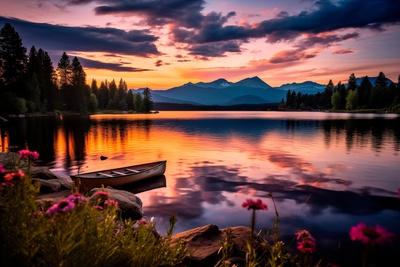 Tranquil mountain lake at sunrise or sunset. (AI Generated) Premium ...