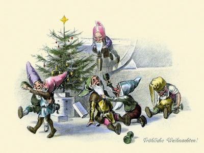 'German Card Xmas, Elves Surrounding A Tree' Art Print | Art.com