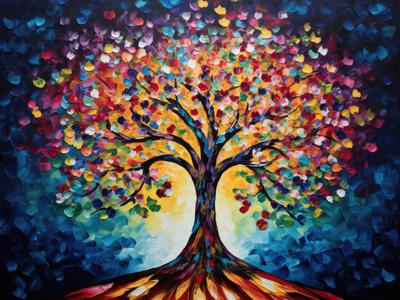 Colorful Tree of Life Dark Blue Background Art Print - Gina Kelly | Art.com