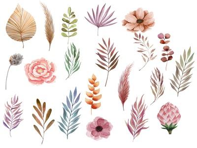 Watercolor Boho Style Flowers Leaves Foliage Vintage Illustration ...