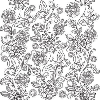'Hand Drawn Flowers and Butterflies for the Anti Stress Coloring Page ...