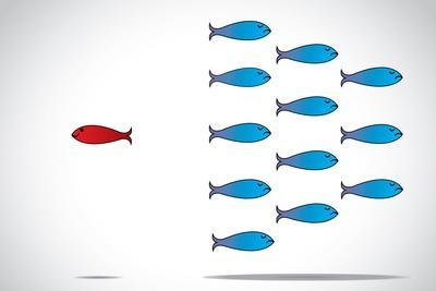 'A Sharp Smart Alert Happy Red Fish with Open Eyes Going in opposite ...