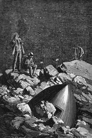 'Illus. of Men on Rocks W/Crashed Craft' Giclee Print | Art.com
