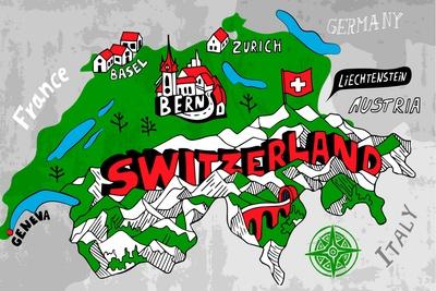 'Illustrated Map of Switzerland' Art Print - Daria_I | Art.com