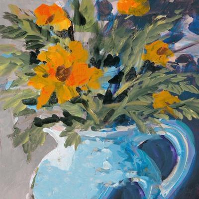 Orange Daisies In Blue Vase Art Print - Jane Slivka | Art.com