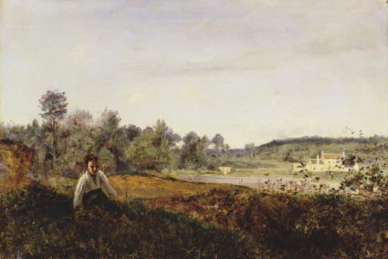 'Jeune Patre Assis En Vue De L'etang De Ville D'avray, C.1870 (Oil on ... 'Jeune Patre Assis En Vue De L'etang De Ville D'avray, C.1870 (Oil on ...