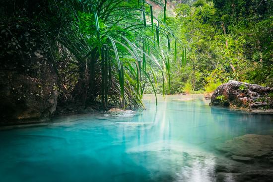 Jungle Landscape With Flowing Turquoise Water Of Erawan Cascade