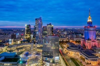 Palace of Culture and Science and City Centre Skyline at dusk, elevated ...