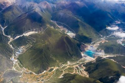 'Aerial view of village and barley field in Lhasa Valley, Tibet, China ...